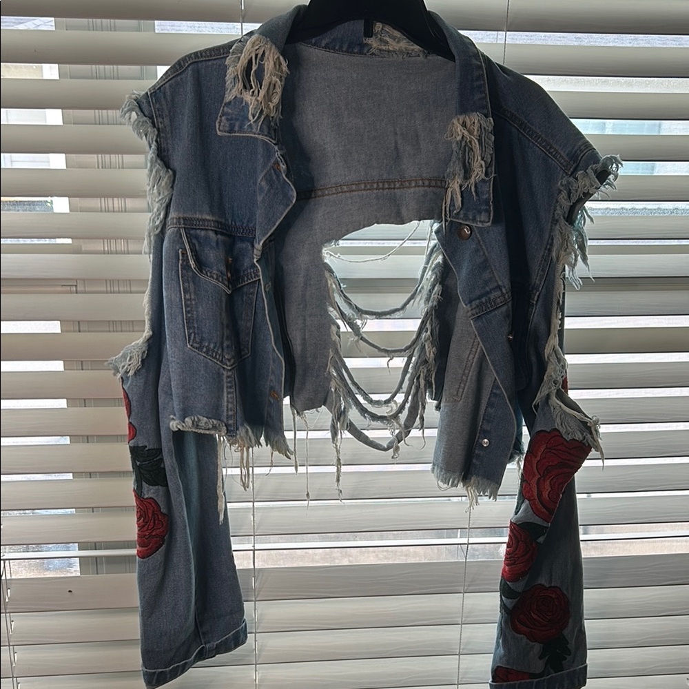 Distressed Denim Jacket With Rose Embroidery - Gem